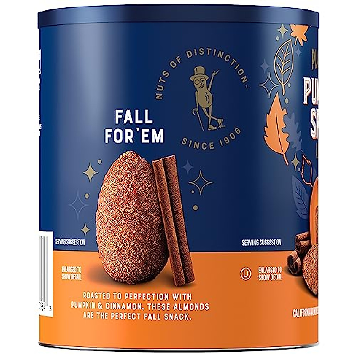 PLANTERS Fall Edition Pumpkin Spice Almonds, Pumpkin Spice Snacks, Cooking & Baking Nuts & Seeds, Flavored Almonds, Seasonal Nuts, Fall Party Snacks, Plant-Based Protein, 15.25 oz Canister