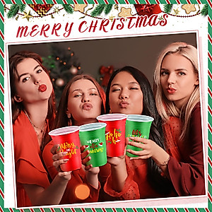 Jinei 100 Pcs Disposable Christmas Cups 16 oz Christmas Plastic Party Cups Coffee Hot Cocoa and Hot Cold Drinks for Party Favors, Red Green
