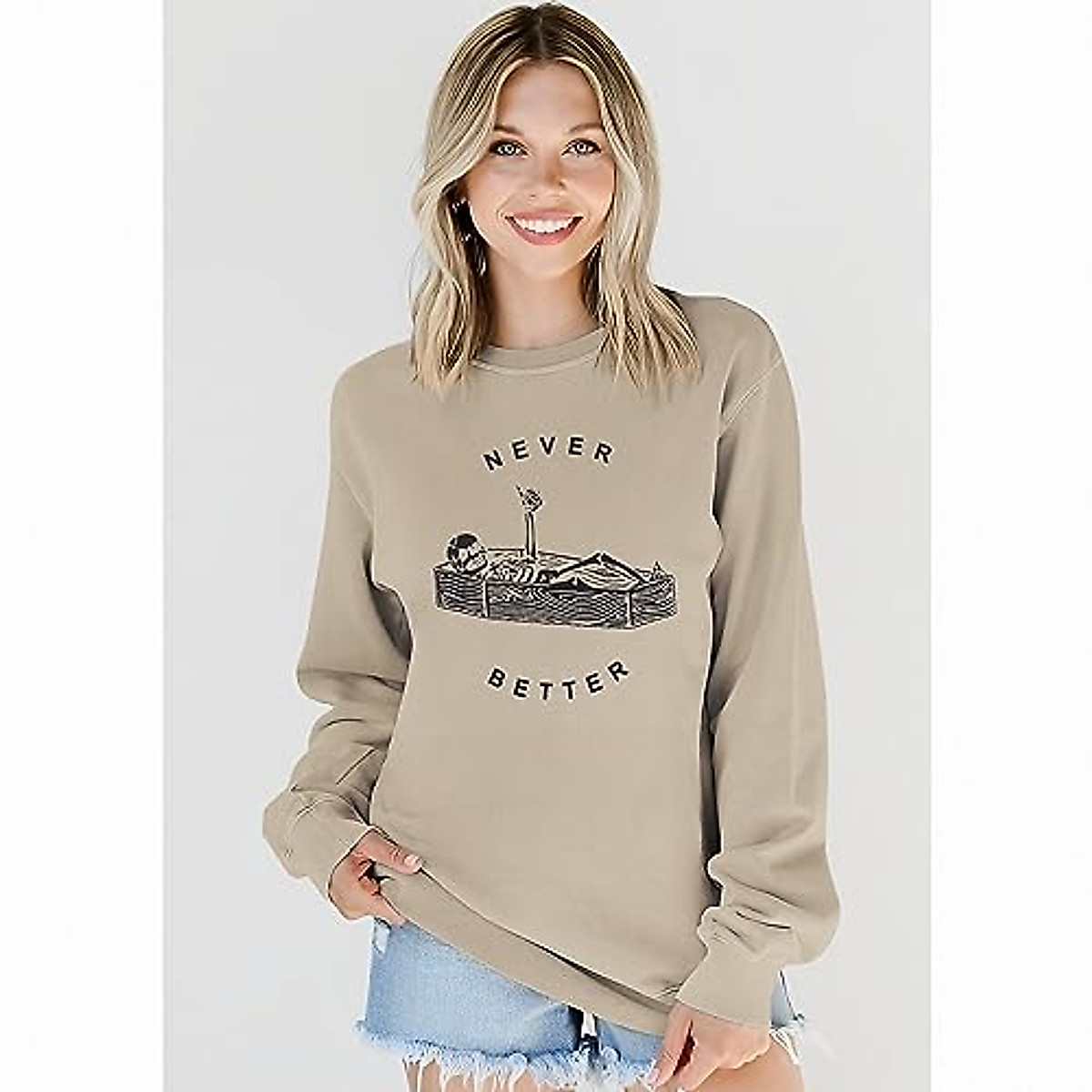 BOUTIKOME Never Better Skeleton Sweatshirt Women's Halloween Shirt Horror Skull Fall Long Sleeve Sarcastic Pullover Tops(Khaki,M)