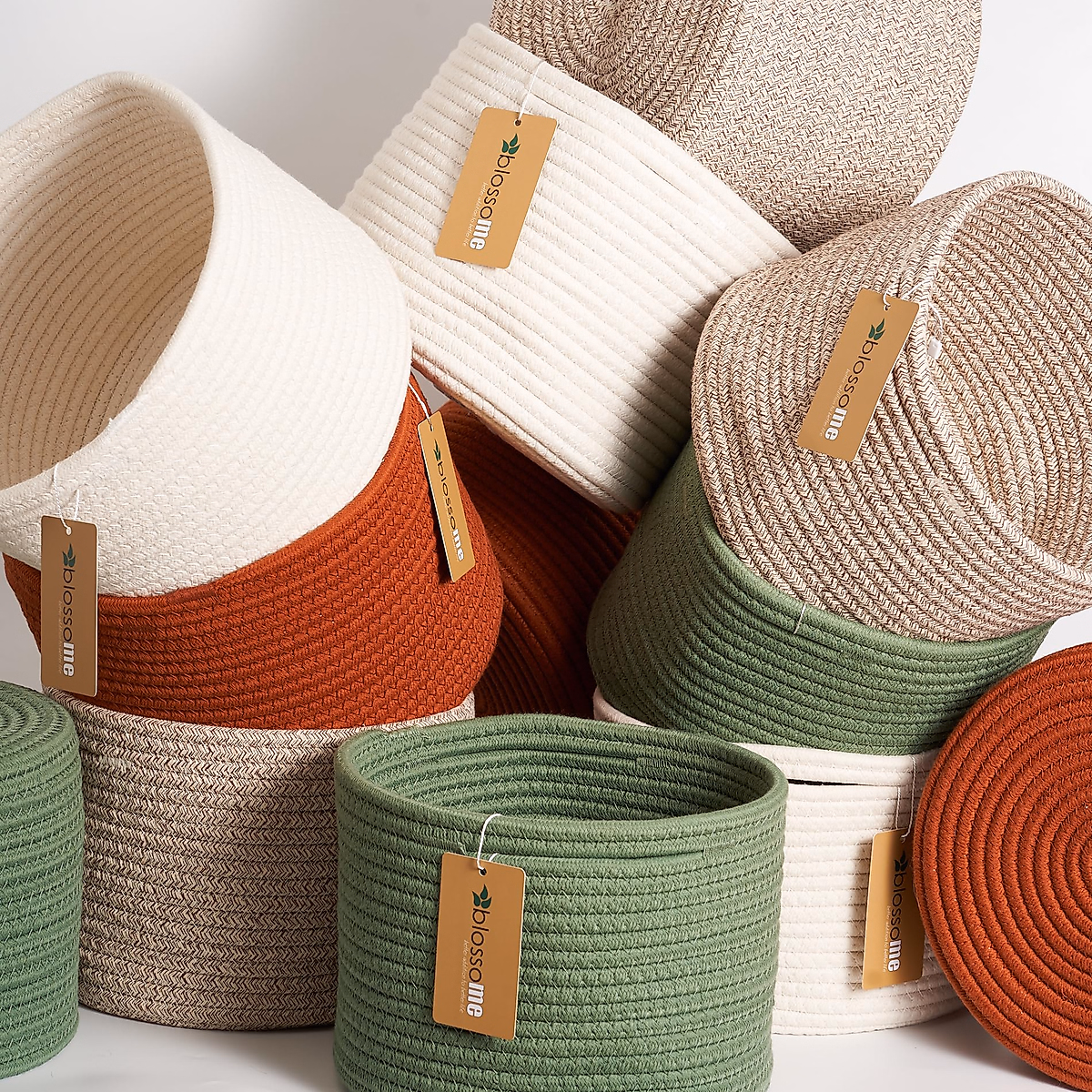 Storage Basket for Organizing | Cube Closet Rope Baskets | Cute Small Woven Toy Baskets for Nursery & Shelves | Empty Decorative Gift | Round 3Packs Green | 10”x10”x7.1”