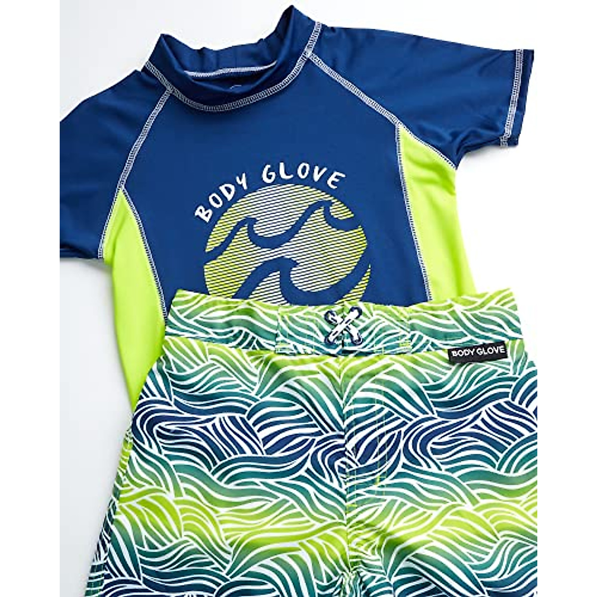 Body Glove Boys’ Rash Guard Set - UPF 50+ Swim Shirt and Bathing Suit Trunks - Swimwear Set for Boys (4-12), Size 8, Navy Green Swirls