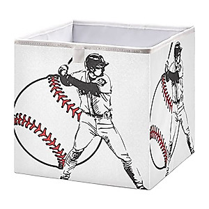 Kigai Baseball Player Storage Baskets, Foldable Organizer Bins,Waterproof Polyster Storage Cube with Handles, 11.02"x11.02"x11.02"