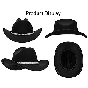 INOGIH Classic Black Western Felt Roll-Up-Brim Cowboy-Hat for Women Men - Bling Cowgirl-Hat Felt Fedora for Disco Parties