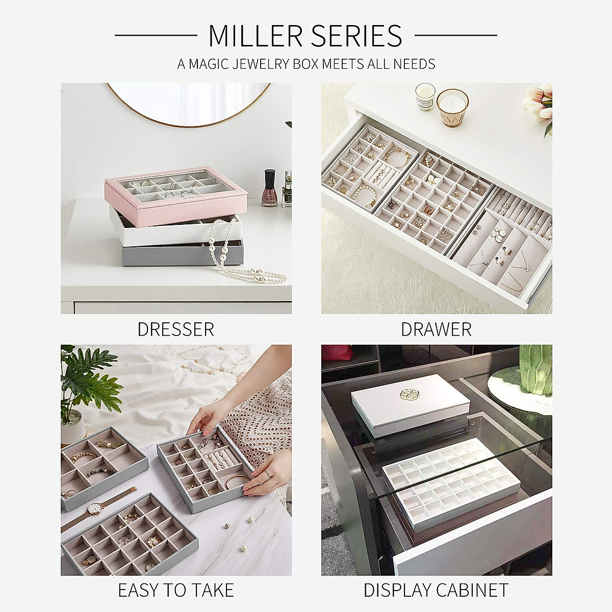 Vlando Miller Jewelry Tray Stackable Showcase Display Drawer Organizer Storage Checkerboard,Multiple color combinations, Large capacity multi-layer design and Fashion(grey)