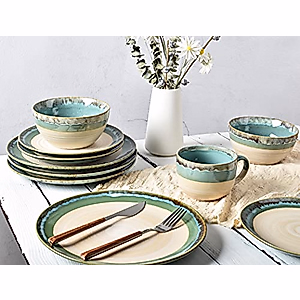Bosmarlin Stoneware Dinnerware Set, Ceramic Bowls and Plates Set, Service for 4, 12 Piece, Microwave and Dishwasher Safe, Reactive Glaze (Turquoise green)