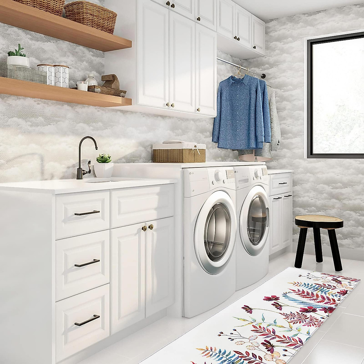 Colorful Leaf Kitchen Rug Botanical Plant Flower Country Farmhouse Style Water-Absorbing Runner Carpet Area Mat for Bedroom Bathroom Indoor Use Rubber Backing Accent Throw Low Pile Washable 20x47