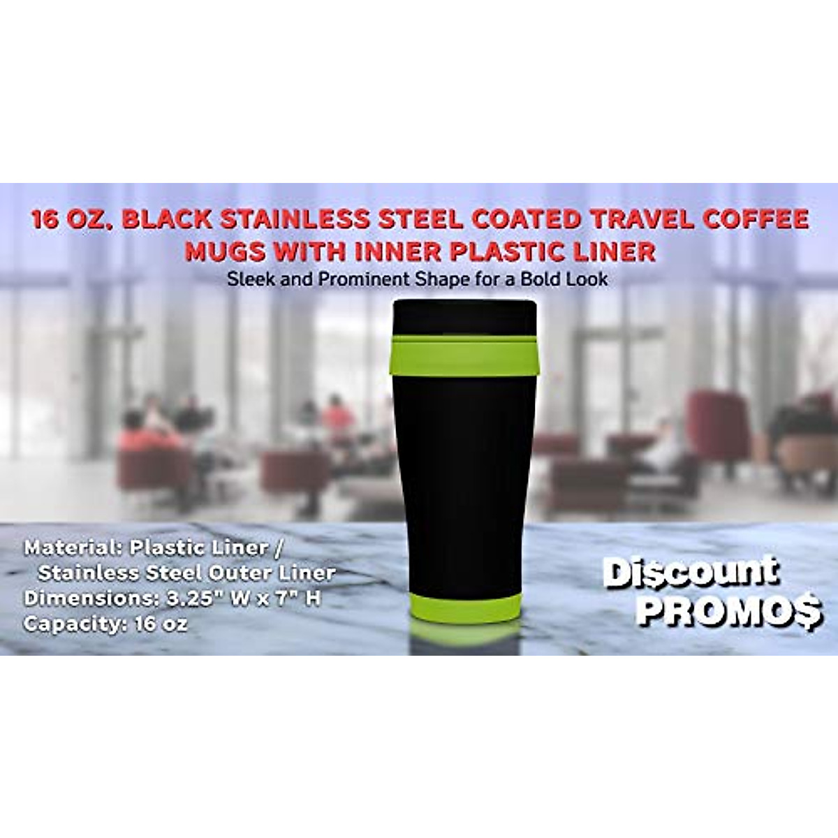 DISCOUNT PROMOS 16 oz. Black Steel Travel Coffee Mugs - 10 pack - Lime Green