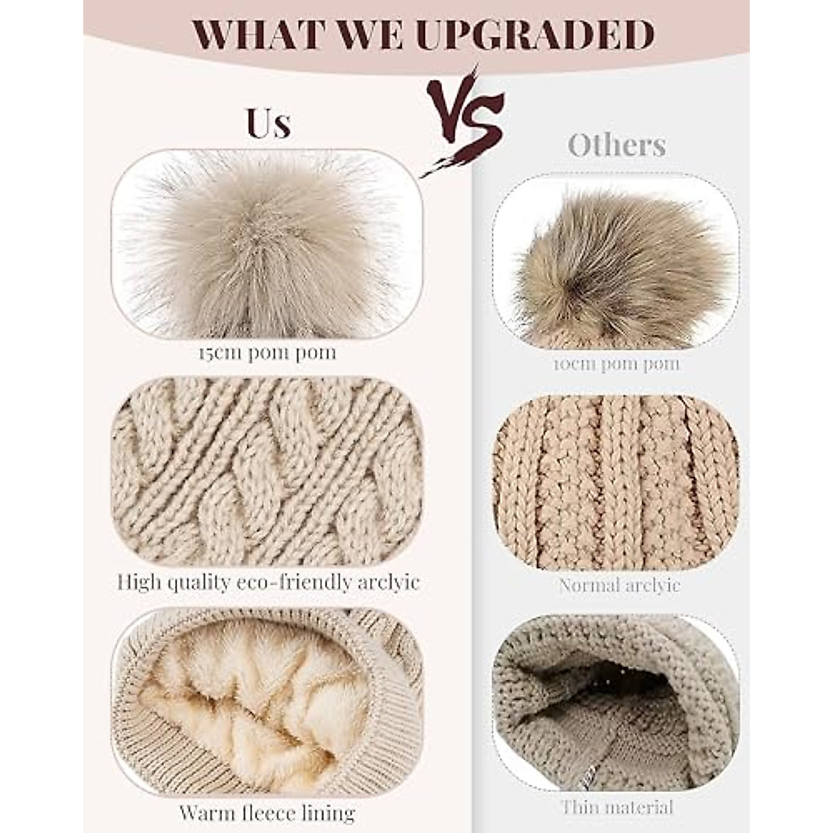 Alepo Womens Winter Beanie Hat, Warm Fleece Lined Knitted Soft Ski Cuff Cap with Pom Pom(Black)