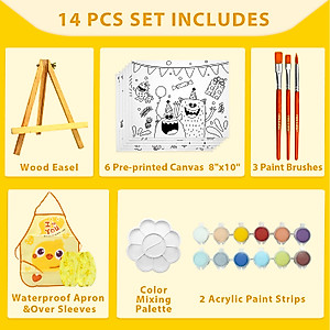 AUREUO Pre Drawn Canvas - 6 Pre Printed 8x10 Canvas, Acrylic Paints, Wood Easel, Smock, Paint Brushes & Palette Art Gift for Boys Girls