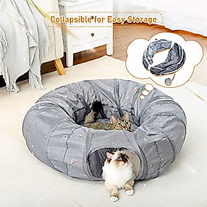 PAWZ Road Cat Tunnel, Cat Tunnel Bed with Central Soft Mat and Plush Ball Toys, Collapsible Tunnel Tube with Cute Rocket Prints for Indoor Kittens, Rabbits and Puppies