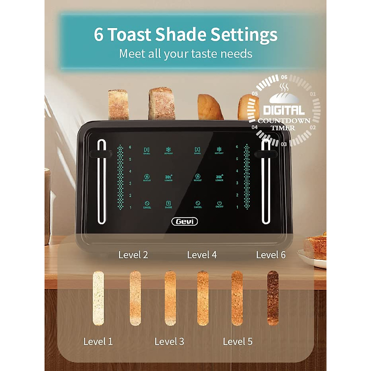 Gevi Toaster 4 Slice,Led Display Touchscreen Bagel Toaster with Dual Control Panels of Bagel/Reheat/Defrost/Cancel/Toasting One Slice/Longer Function,6 Shade Setting