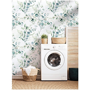 HAOKHOME Peel and Stick Wallpaper Boho Green/White Eucalyptus Leaf Floral Wall Mural Home Nursery Decor Renter Friendly Wallpaper 17.7in x 78.7in