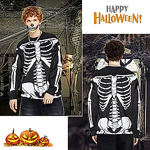 RAISEVERN Mens Halloween Sweatshirts Skeleton Print Funny White Bone Pullover Long Sleeve Shirts Black Cool Holiday Festival Sweater for Women