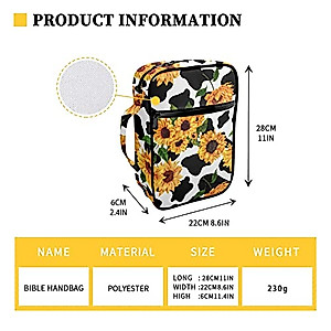 Coldinair Cow Sunflower Print Bible Cover for Women Girls Kids,Portable Carrying Book Case Church Bag Bible Protective with Handle and Zippered Pocket