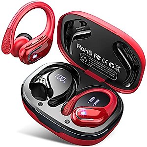 Ltinist Wireless Earbud, Bluetooh 5.3 Headphones Pure Bass Sound with Earhooks, 60H Battery in-Ear Sport Earbud with Dual-LED Display, IP7 Waterproof Earphones Built-in Microphone for Running, Red