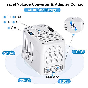 2000W Travel Voltage Converter, Universal Travel Adapter Voltage Converter Combo for 100V-240V, with 2 USB Ports, US to UK Europe Australia 200+ Countries Power Converter（White）