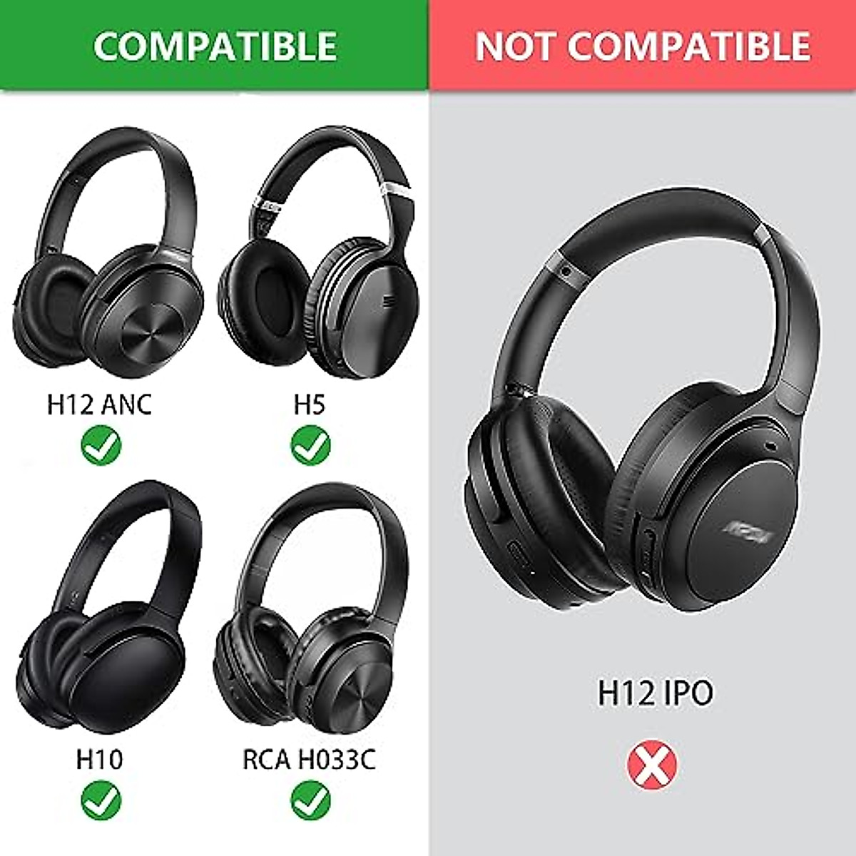 Geekria QuickFit Replacement Ear Pads for Mpow H12 ANC, H10, RCA H033C Noise Cancelling Headphones Ear Cushions, Headset Earpads, Ear Cups Cover Repair Parts (Black)