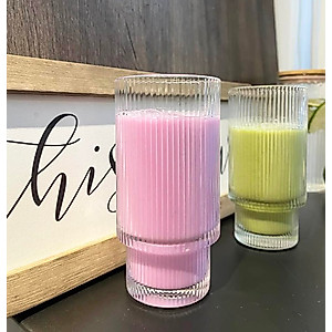 Ribbed Glassware Set of 4, 14oz Ribbed Glass Cups with Glass Straw, Ribbed Juice Glass Fluted Glassware Ribbed Drinking Glasses for Margaritas Whiskey Smoothie Ice Tea Coffee Soda Cocktail Beer Gift