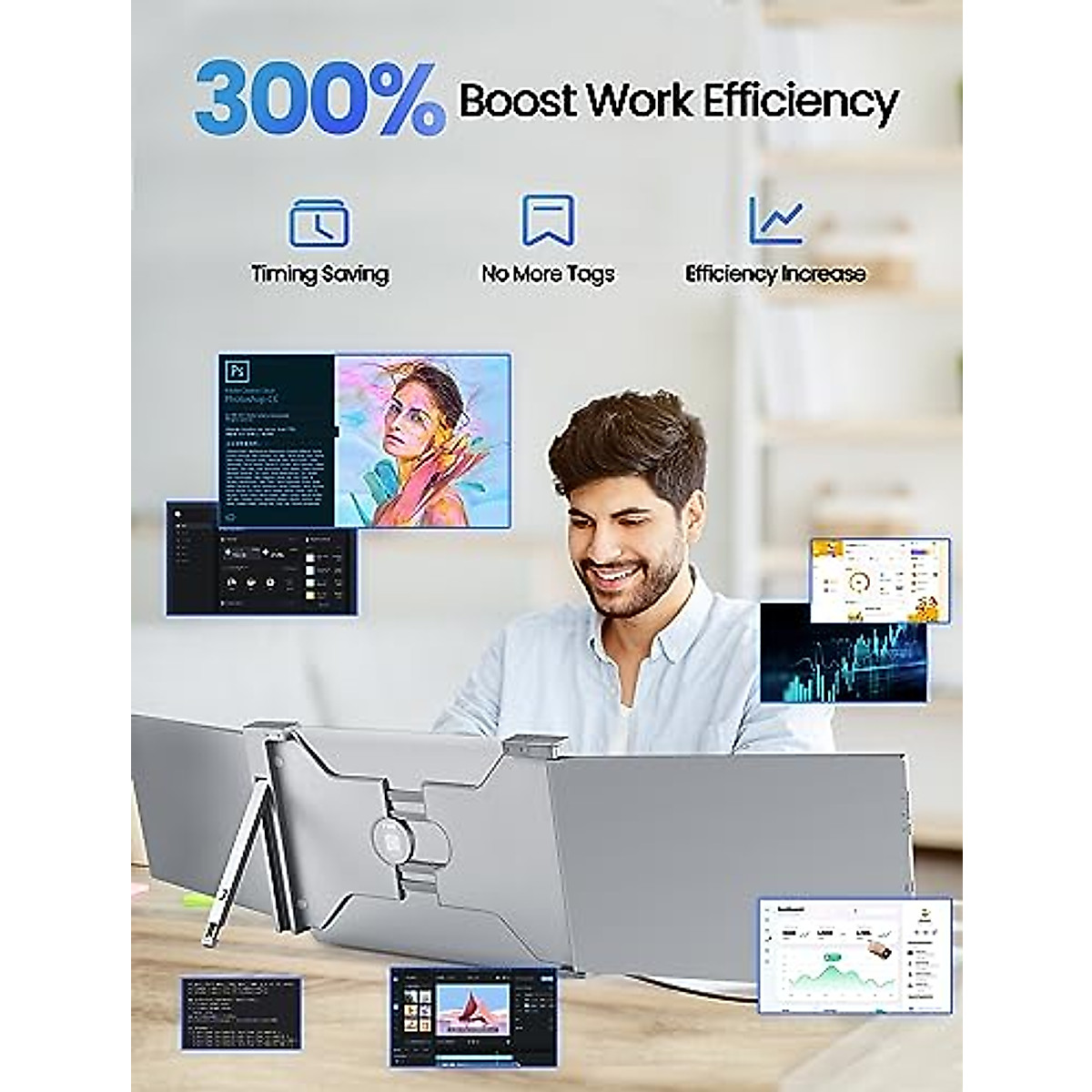 FQQ 14” Triple Laptop Monitor Extender, 1920*1200P FHD IPS Portable Monitor for 15” - 17.3" Laptop, 16:10, Dual Monitor Display for Win/MAC, HDMI/USB-C Plug & Play (Not for Linux Chromebook), S15 Gray
