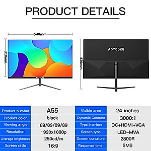 AOYODKG 24" Professional Thin 75Hz 1080p LED Monitor Frameless 5MS Response Time Computer Screen, sRGB 99%, 3000:1 + DC/HDMI/VGA, Ergonomic Tilt, Gaming Monitor Machine Black, (AYO-A55 Series)