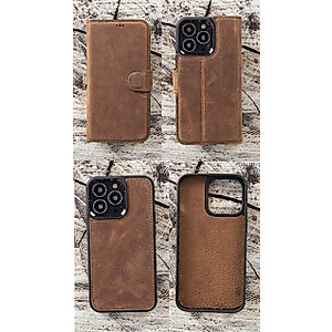 VENOULT Vintage Leather Compatible with iPhone 14 Pro MAX Wallet Case, 14 Pro / 14 Plus Genuine Leather Magnetic Detachable, Wireless Charge and Car Mount Compatible, HANDMADE