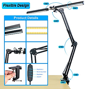 Double Head LED Desk Lamp, Swing Arm Desk Light with Clamp & Adapter, Architect LED Desk Lamps, Eye-Caring Table Lamp with 3 Color Modes & 10 Brightness Levels, Adjustable Desk Lamp for Home or Office