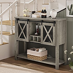 IDEALHOUSE Buffet Storage Cabinet Farmhouse Wine Cabinet Coffee Bar Table with Wine Glass Rack and Storage, Wood Buffets and Sideboards with Barn Mesh Door for Kitchen, Dining, Living Room