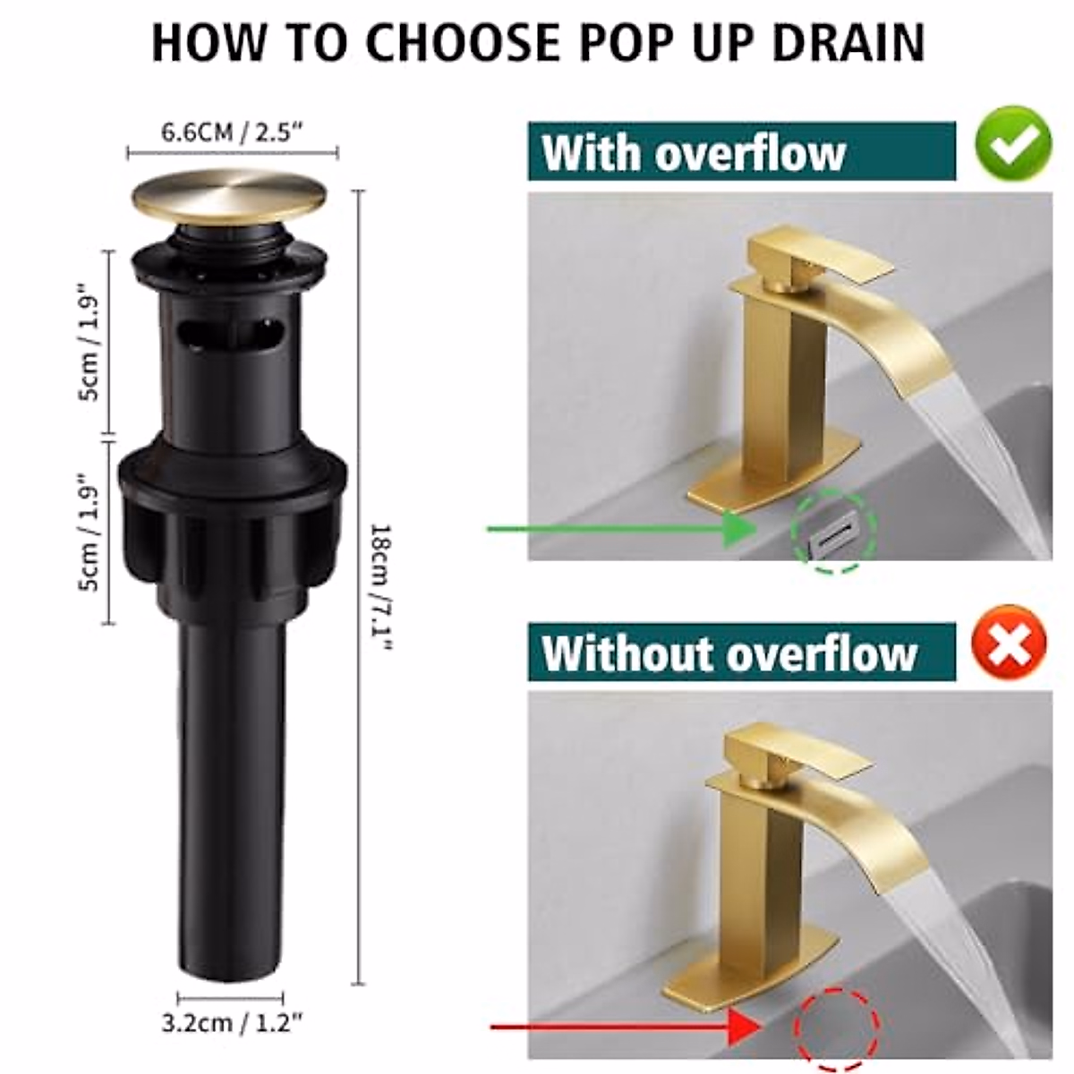 Hoimpro Brushed Gold Waterfall Spout Single Hole Bathroom Faucet, Stainless Steel Single Lever Bathroom Vanity Sink Faucet with Drain, cUPC Hose and Deck Plate