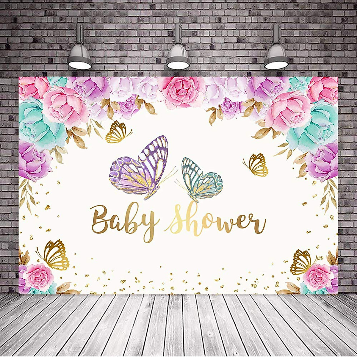 Avezano 7x5ft Butterfly Baby Shower Backdrop Spring Floral Butterfly Baby Shower Gold Dots Background Vinyl Flowers Golden Butterfly Baby Shower Backdrops Decorations