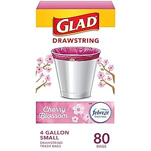 Glad Odorshield Small Drawstring Trash Bags, 4 Gal, Pink, Cherry Blossom, 80 Ct, Pack May Vary