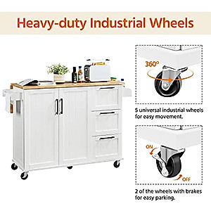 Yaheetech Kitchen Cart with Drop-Leaf Countertop, Kitchen Island on 5 Universal Wheels with Storage Cabinet and 3 Drawers for Dinning Room, L53xW18xH36 in, White