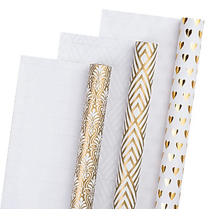 LeZakaa Gold Wrapping Paper Roll - Mini Roll - Geometric Patterns/Floral/Heart for Wedding, Bridal Shower, Birthday - 17 x 120 inches - 3 Rolls (42.5 sq.ft.ttl.)