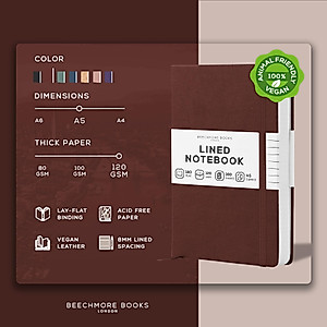 BEECHMORE BOOKS Ruled Notebook - British A5 Journal Large 5.75" x 8.25" Hardcover Vegan Leather, Thick 120gsm Cream Lined Paper | Gift Box | Chestnut Brown