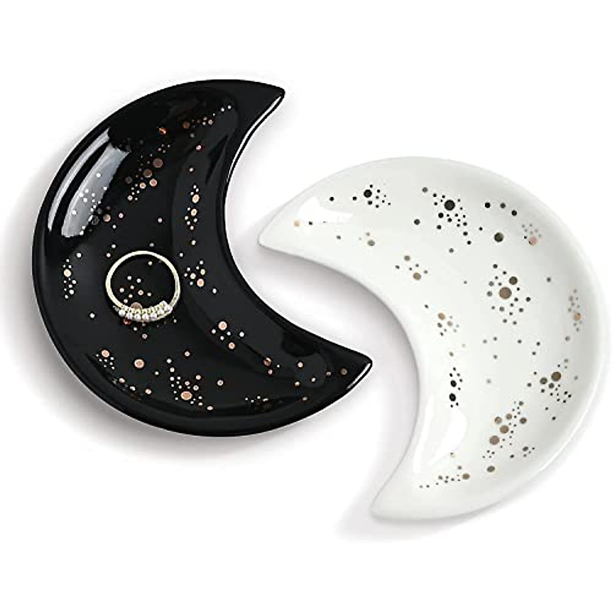 Small Moon Jewelry Dish Tray, Decorative Ceramic Trinket Dish, Modern Accent Tray for Vanity（Black and White ）
