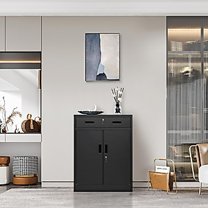 TaskStorz Metal Garage Storage Cabinets，Metal File Cabinet with 1 Locking Drawers, Lockable Storage Cabinets for Office, Home, Garage, Warehouse 36.2" H x 27.6" W x 15.7" D (Black)