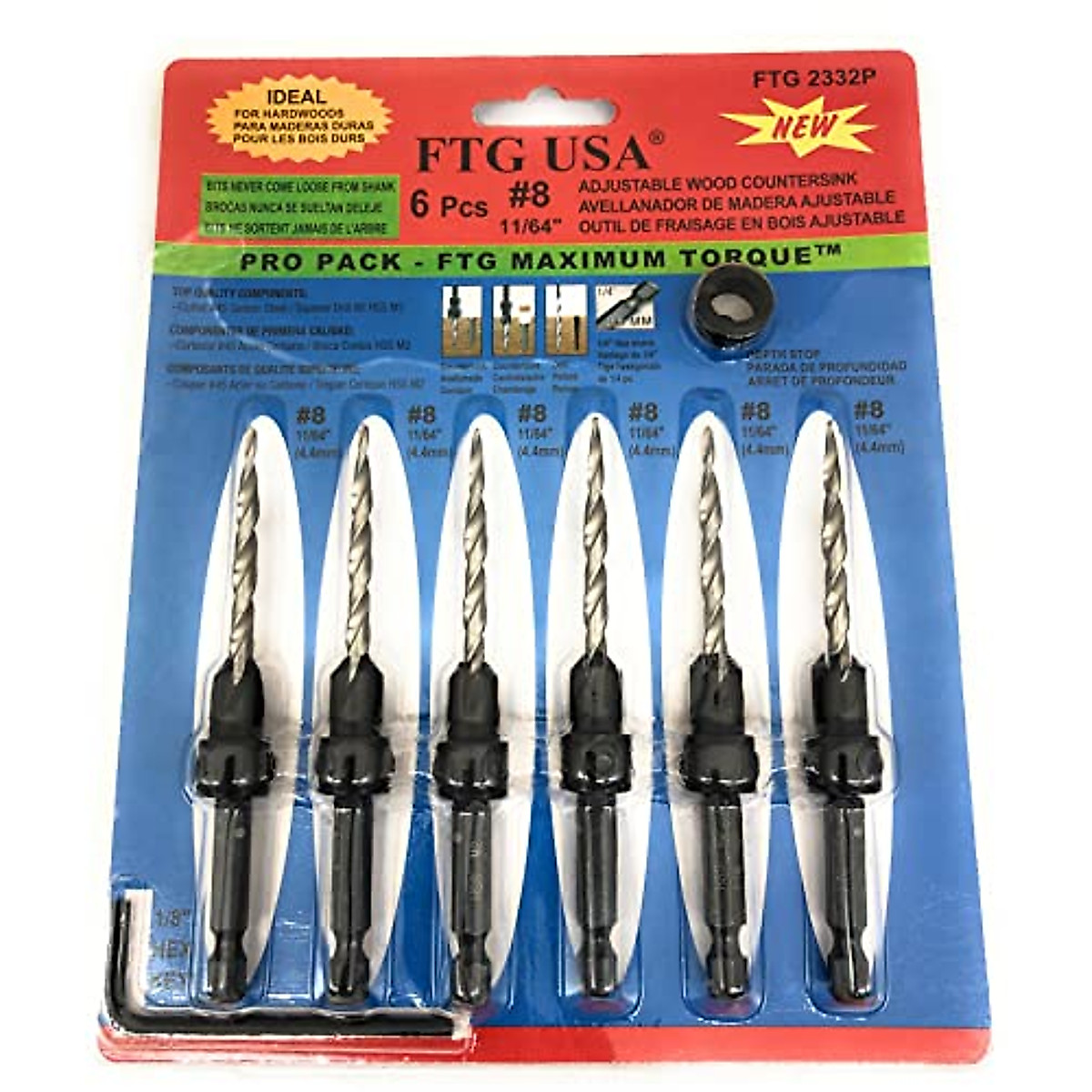 FTG USA Countersink Drill Bit Set 6 Pc #8 (11/64") Wood Countersink Drill Bit Pro Pack Countersink Set, with 3 Replacement Tapered Countersink Bits #8 (11/64"), 1 Stop Collar, 2 Hex Wrench