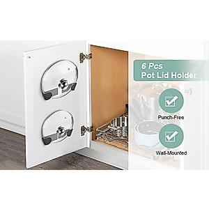 TOPINCN Pot Lid Holder, 6Pcs Household Punch‑Free Wall Mount Pot Lid Organizers Self Adhesive Pan Pot Lid Storage Rack Cabinet Doorback Organizer Kitchen Utensil Hanger for Home Kitchen Wall, Black