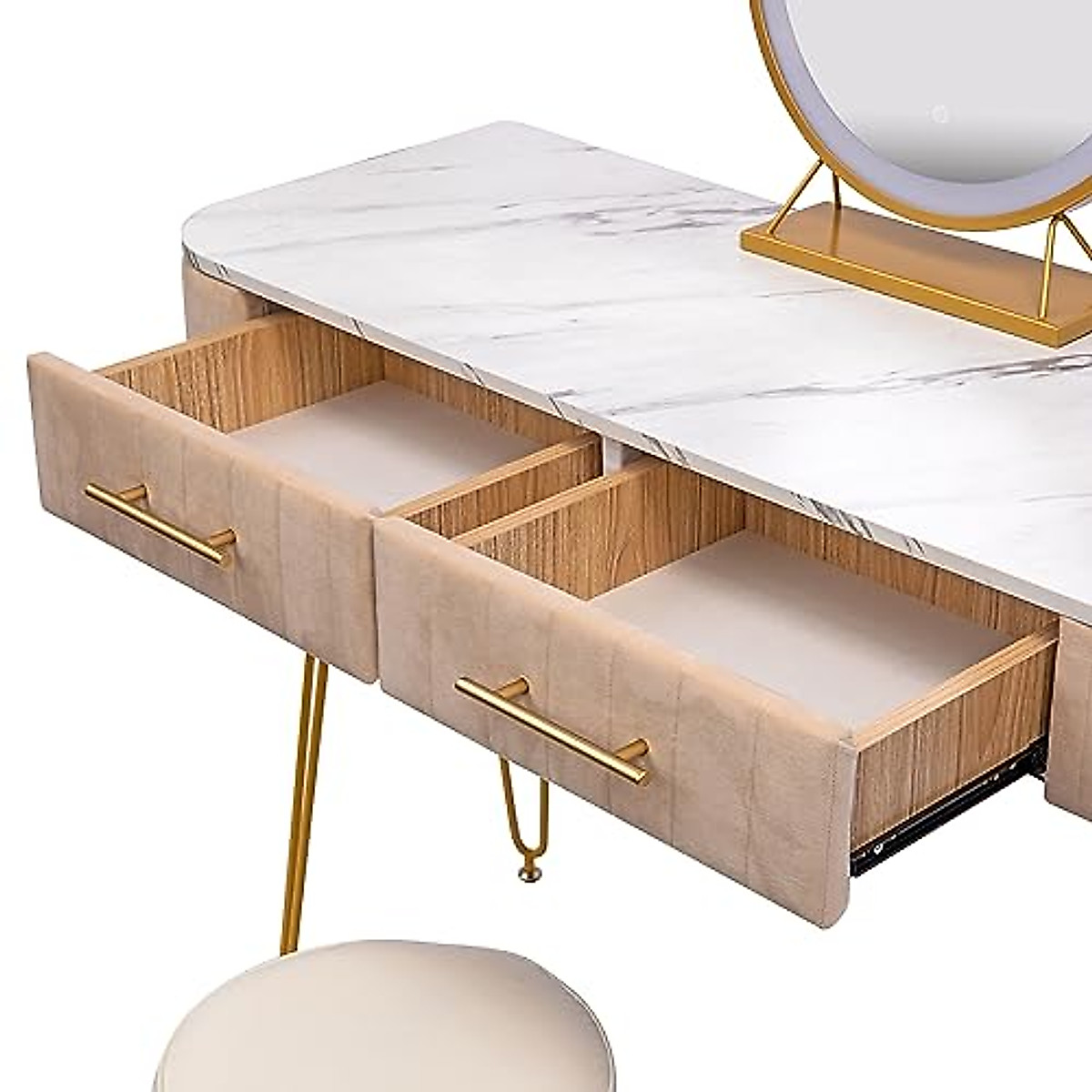 IMGDD 39.4" Length Flannel Soft Roll Makeup Vanity Set, Fasionable Soft Roll Makeup Table, 15.8" Touch Control 3 Brightness Options LED Mirror, Large Capacity Storage, Fashionable Soft Roll Stool