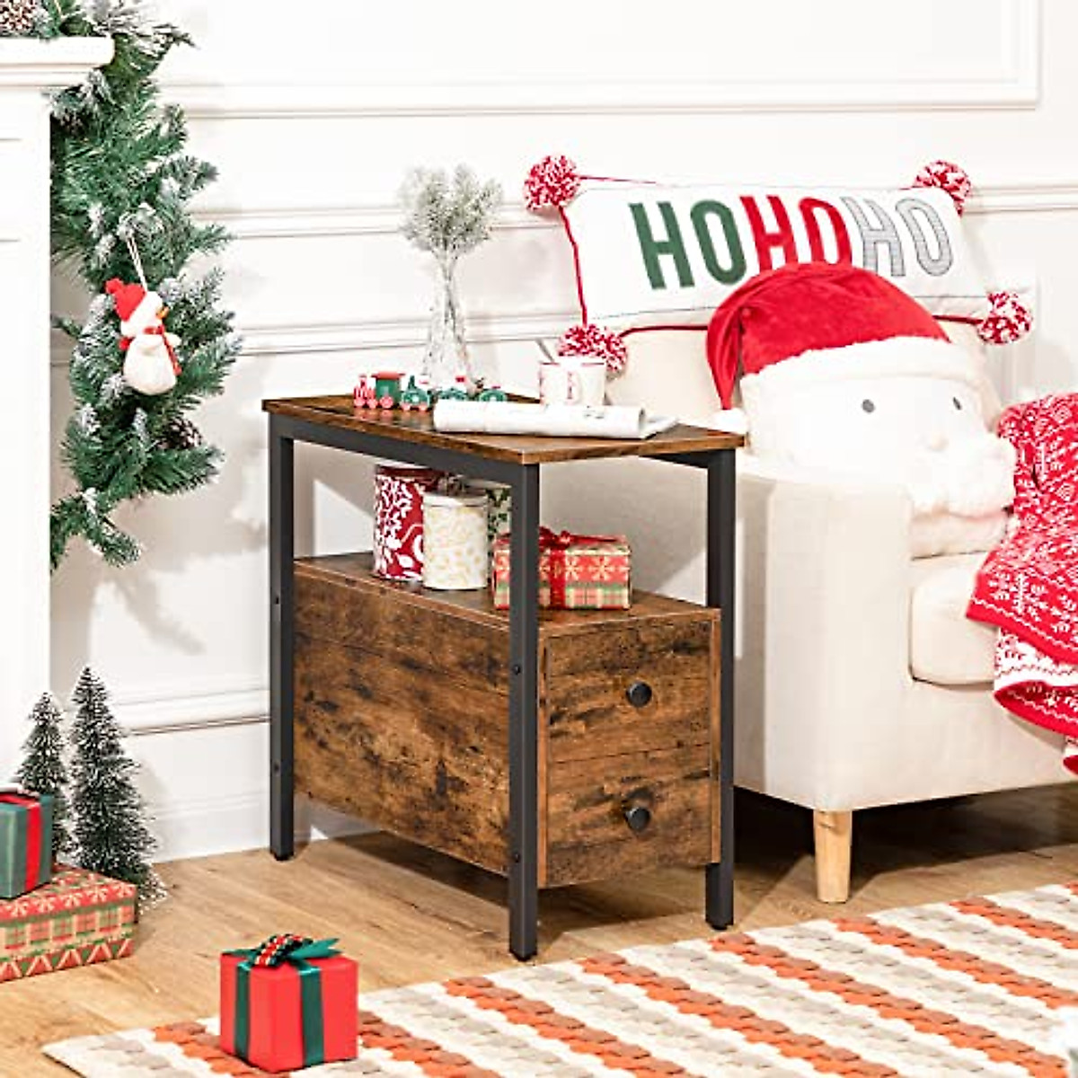 HOOBRO End Table, Narrow Chairside Table with Drawer and Open Storage Shelf, Nightstand for Small Spaces, Stable and Sturdy Construction, Wood Look Accent Furniture, Rustic Brown and Black BF548BZ01G2