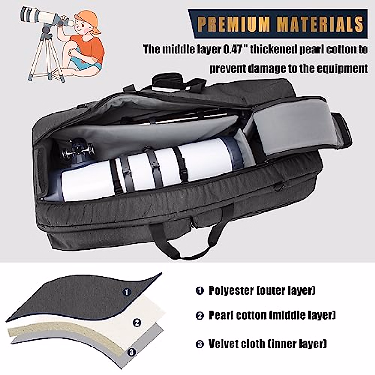 TORIBIO Telescope Case Bag, 35" Padded Storage Bag and Telescope Carrying Case for Telescope, Telescope Travel Bag with Pockets & Buckled Straps to Easily Secure Optical Tube & Tripod