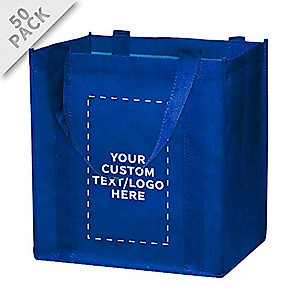 DISCOUNT PROMOS Custom Reusable Grocery Tote Bag for Shopping - 50 Pack - Personalized Logo, Text -Small Foldable Bags – Blue