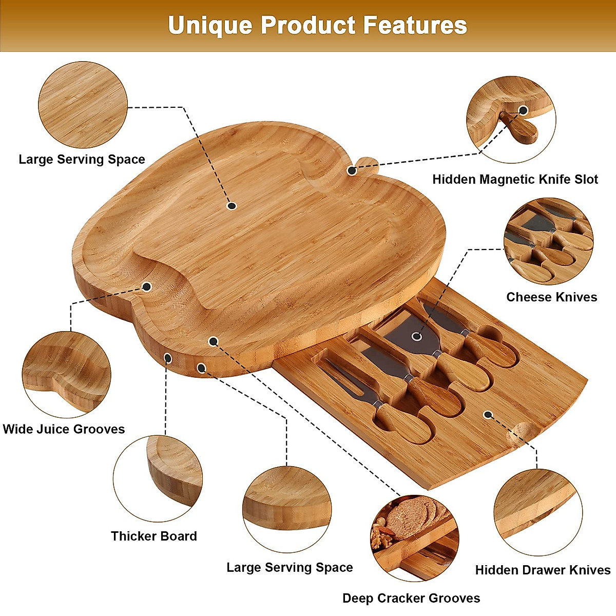 BOWEN EZ Bamboo Cheese Board with Knife Set, Large Charcuterie Boards for Kitchen Party, Apple Shaped Cheese Platter, Gift for Christmas, Housewarming, Hallows, New Years, Weddings