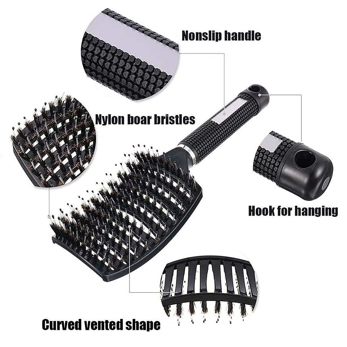 Boar Bristle Detangler Vent Brush Curved Vented Paddle Brush for Blow Drying, Anti-frizz Detangling Brush Styling Hairbrush Comb for Curly Fine Wavy Natural Tangled Hair, Wet or Dry Use