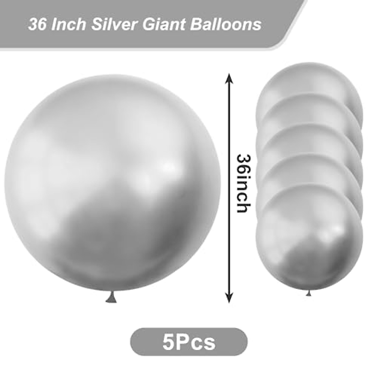 RUBFAC 36in Silver Giant Balloons, 5pcs Metallic Silver Latex Helium Balloons for Birthday Party Photo Shoot Wedding Baby Shower Decoration