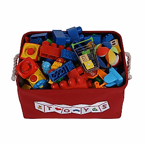Toy Storage Basket Bin for Organizing Baby, Kids, Dog Toys, Children Books. Red Canvas Box Organizer w/Attractive White Patch for Playroom, Nursery