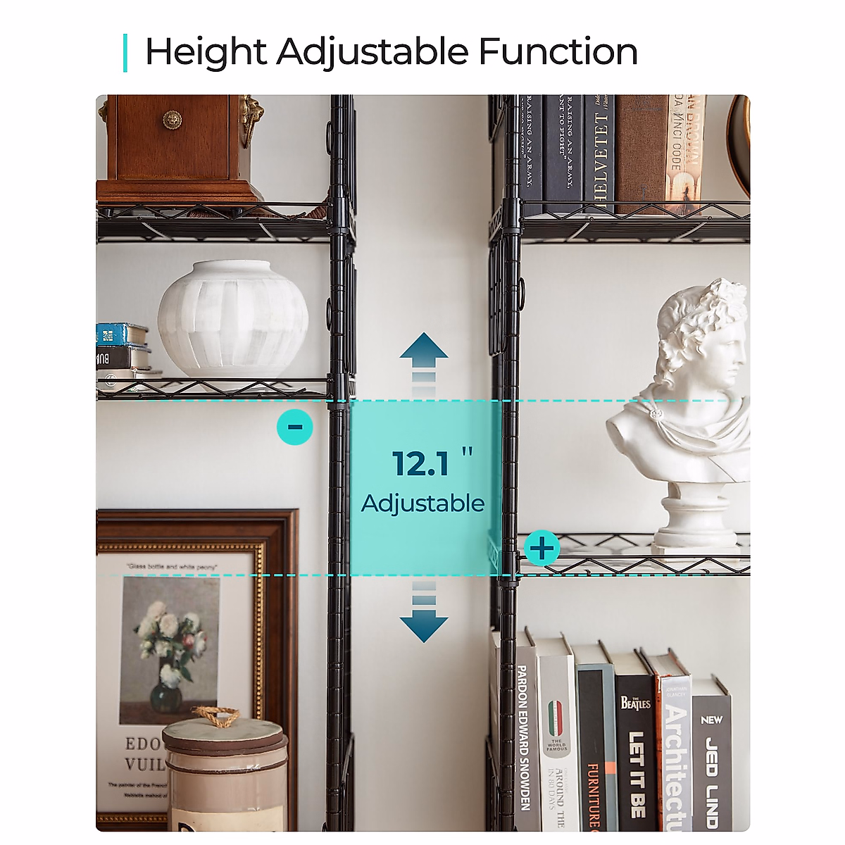 LINSY HOME Upgrade 5-Tier Storage Shelves, Height Adjustable Pantry Shelves with 5 Hooks & Shelf Liners, Metal Shelves for Storage, Storage Shelf Heavy Duty for Living Room, Kitchen, Bathroom