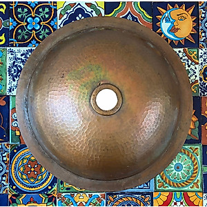 15" Round Copper Bathroom Sink Mexican Copper Bath Sink Pure Copper Hand Hammered Dual Mount Brown CPS06