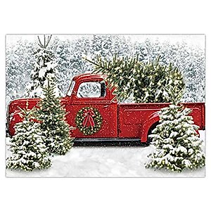 Funnytree 82" x 59" Christmas Red Truck Backdrop Winter Snowy Forest Tree Background Xmas Let it Snow Seasonal Baby Shower Birthday Party Banner Decor Portrait Photobooth Prop Gift Supplies Favors