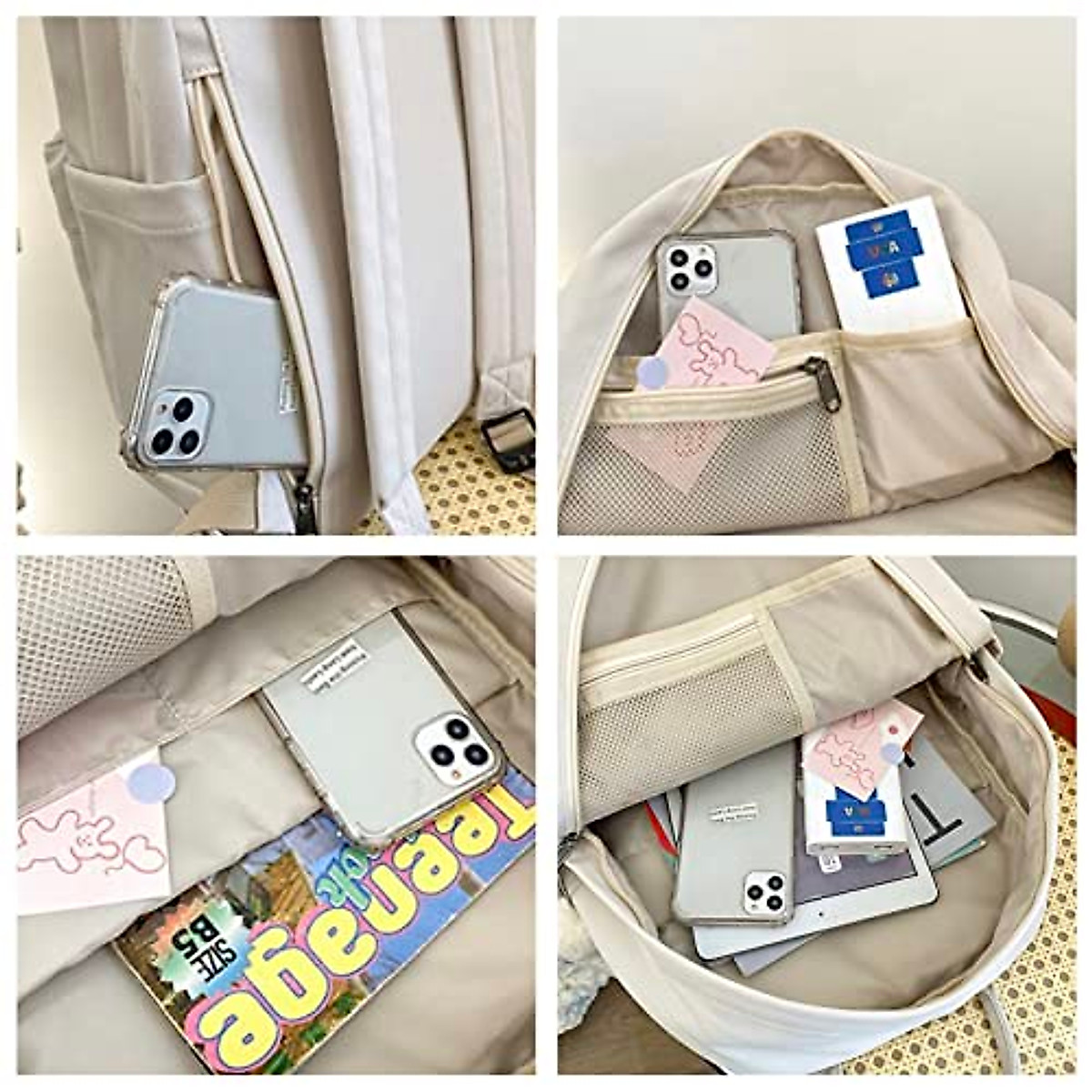 MININAI Preppy Backpack with Plushies Cute Backpack Light Academia College Backpack Solid Aesthetic Rucksack for Travel (One Size,Black)