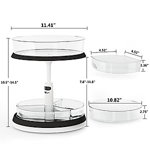 2-Tier Lazy Susan Turntable and Height Adjustable Cabinet Organizer with 1x Large Bin and 3 x Divided Bins, Removable, Clear Spice Rack Organizer for Cabinet, Pantry, Kitchen (2 Tier w/Bins)